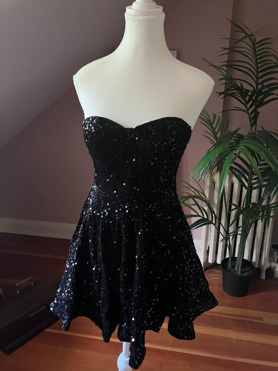 Dresses | Black Velvet Sequin Mini Dress Skater Skirt A Line Party ...